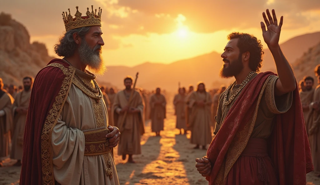 Ultra-realistic 4K biblical scene: King Rehoboam stands with a serious ...