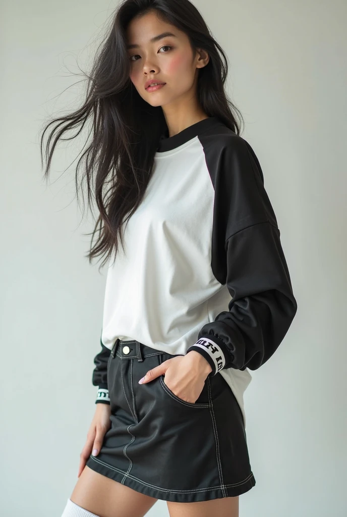 A full photo of a female with black, wavy hair wearing a black and white basebal - SeaArt AI