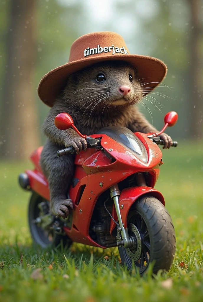 Written on it A mole rides a red motorcycle in the middle of a lawn ...