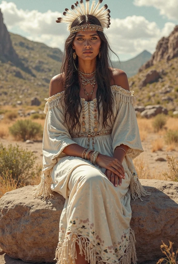 Comanche indigenous woman sitting on a rock wearing an indigenous white ...