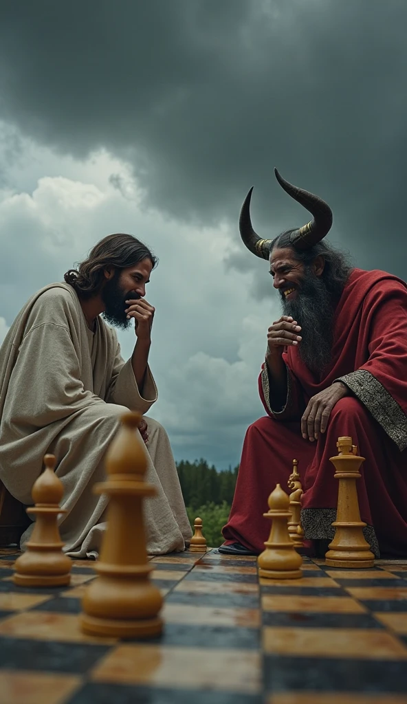 Jesus and Satan are seated on a giant chessboard, set against a dark ...