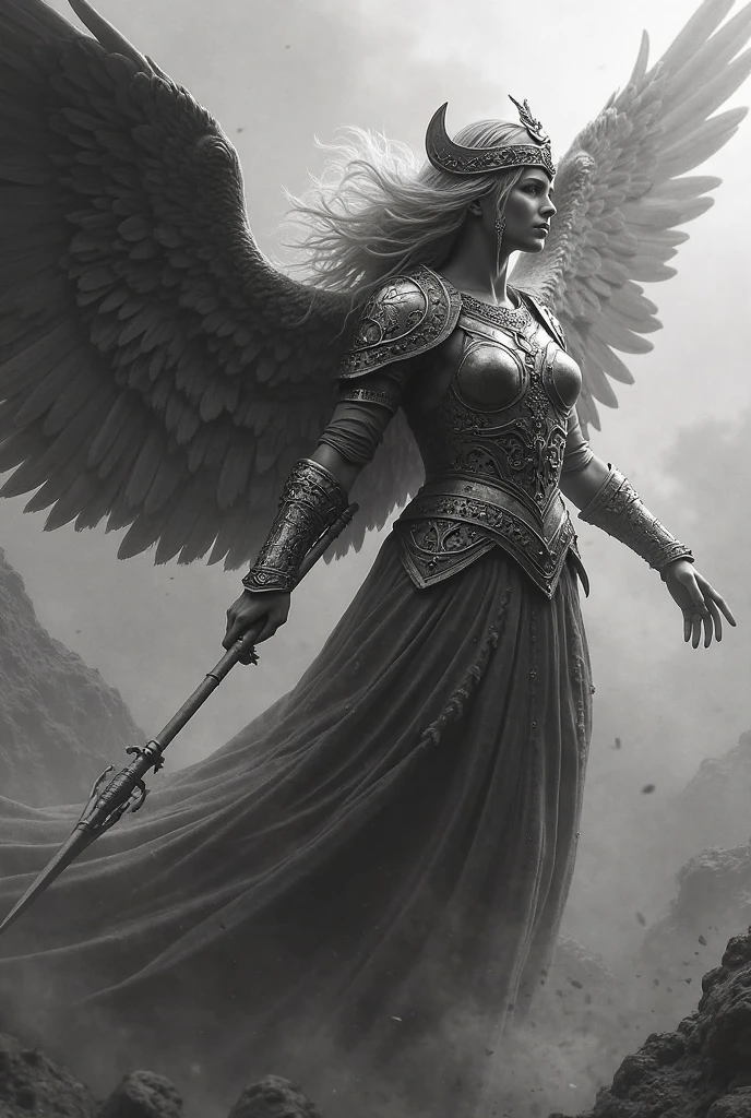 Black and white image of a winged valkyrie wearing beautiful armour and ...