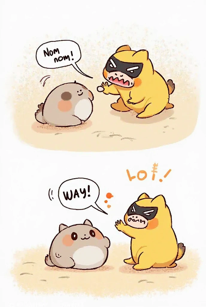 A playful two-panel cartoon shows a masked character pretending to ...