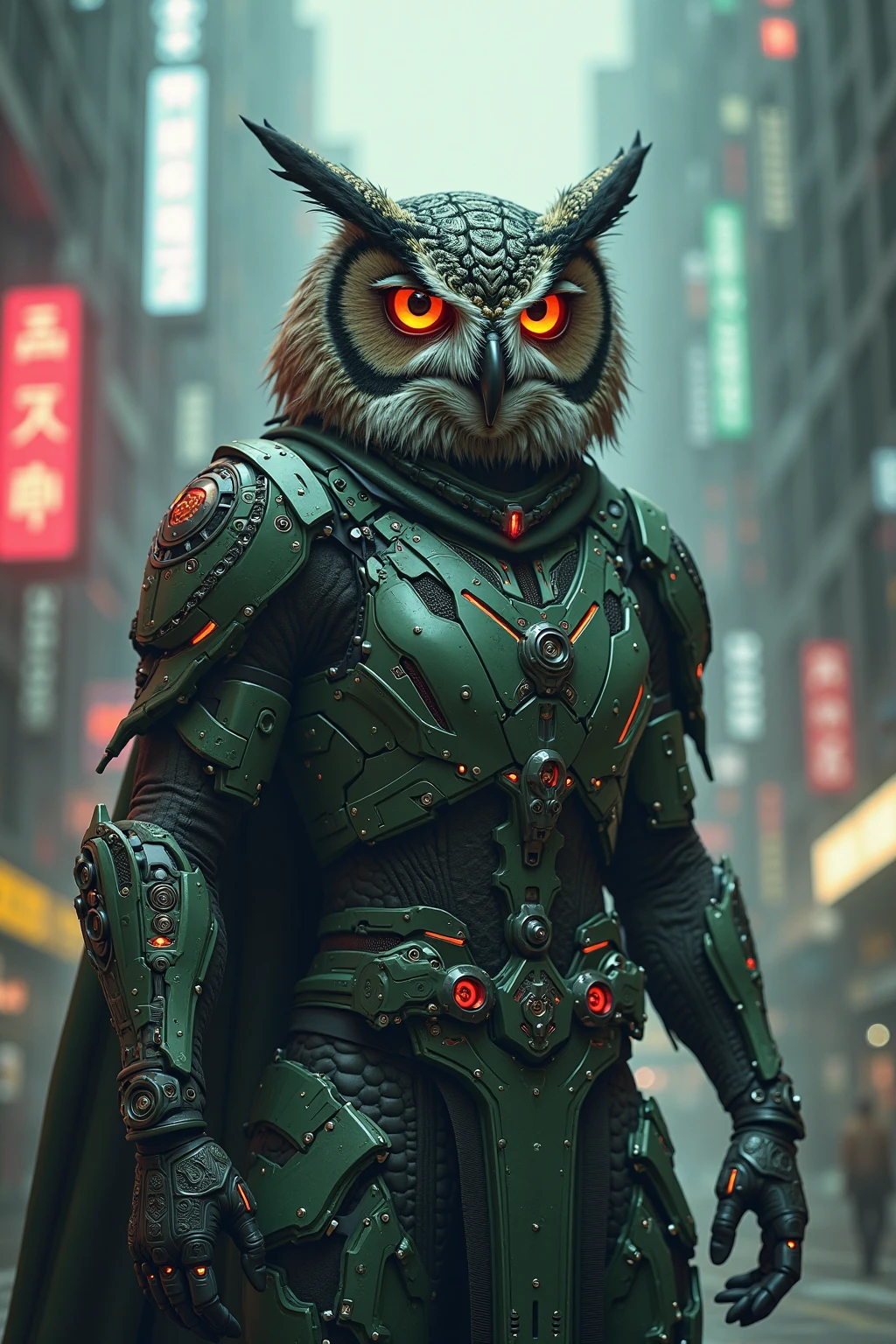 A green mysterious Badass cyberpunk owl-human - SeaArt AI
