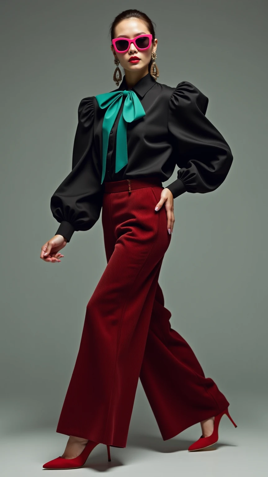 A full shot of a woman in mid-stride, posing dynamically. A striking ...