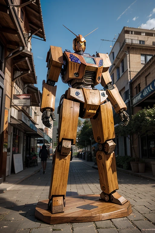 Make me a picture of a giant wooden robot (mecha) on display in the ...