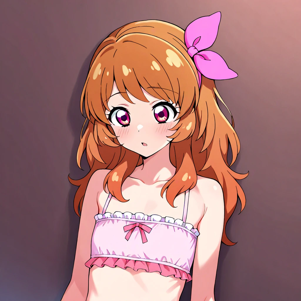 1girl, (ozora akari), Aikatsu, medium long hair, pink ribbon on left head - SeaArt AI