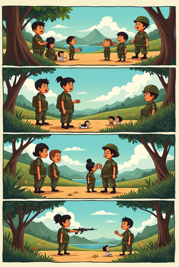 An 8-vignette cartoon about the Vietnam War with text - SeaArt AI