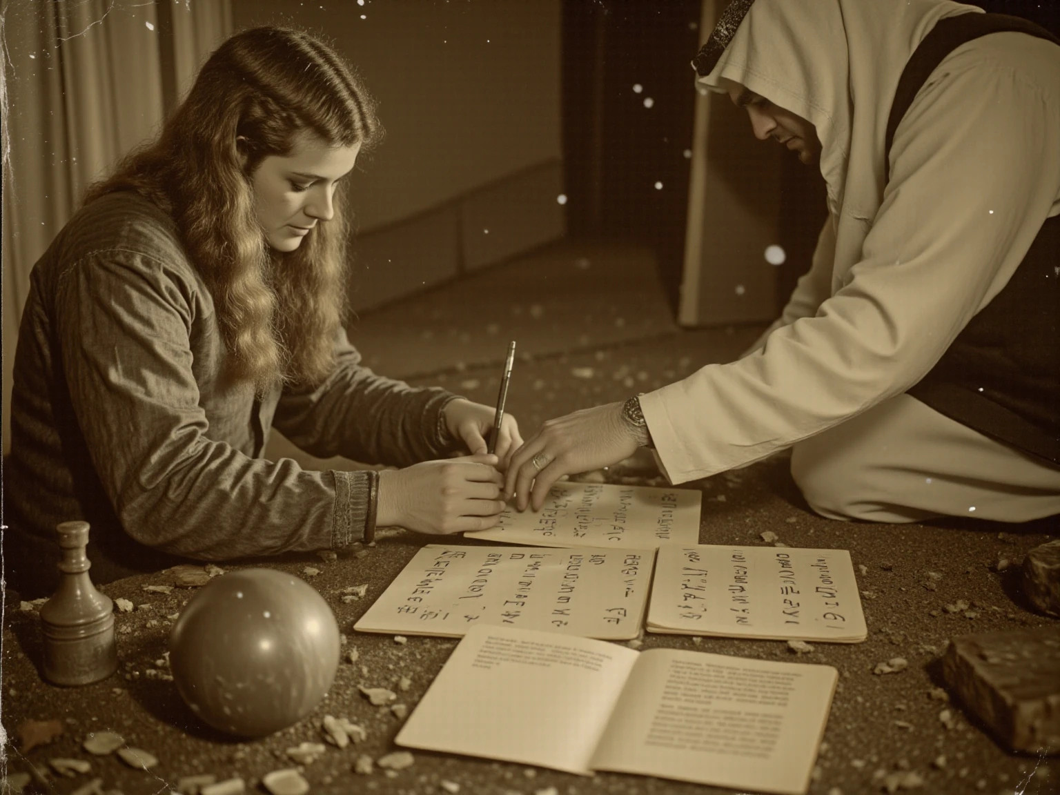 The long-braided scientist records symbols on the tablet while the Arab ...