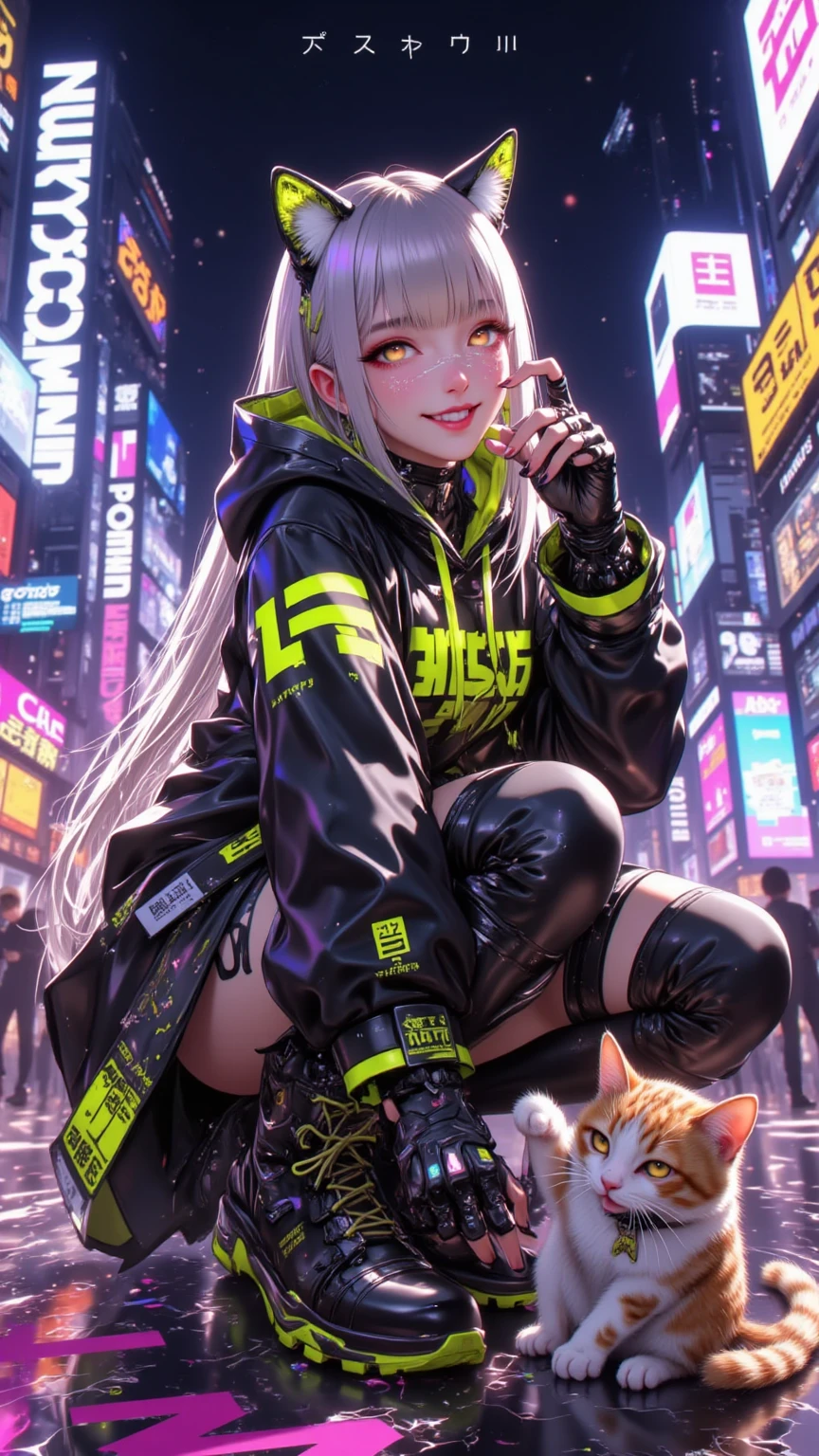 A stunning anime-style girl with long silky hair and neko (cat - SeaArt AI