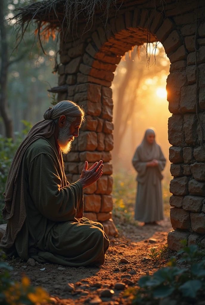 "An ancient pious man praying inside a small clay prayer hut in the ...