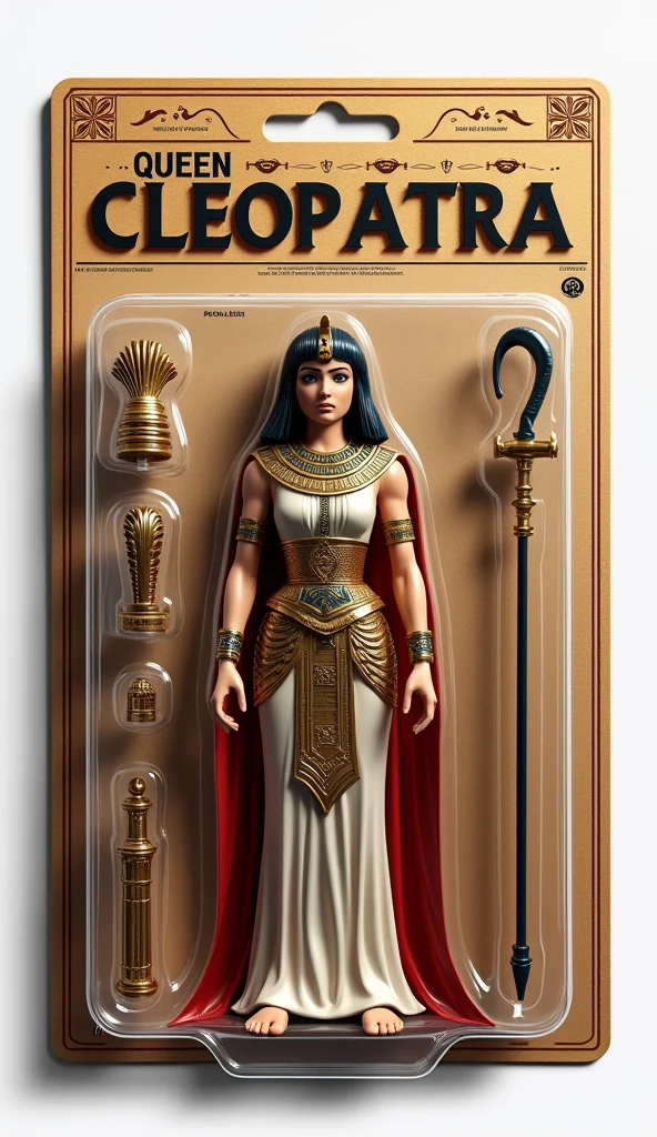 A full-figure action figure of Pharaoh Cleopatra displayed in its ...