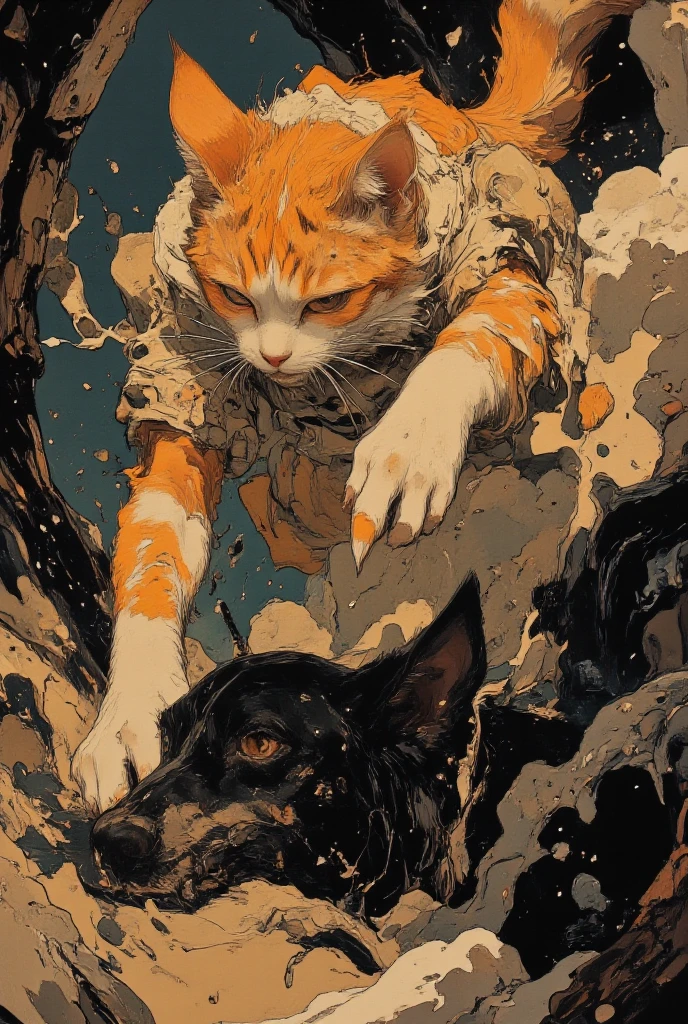 From below, from front, symmetrical composition, cat on top, dog on ...