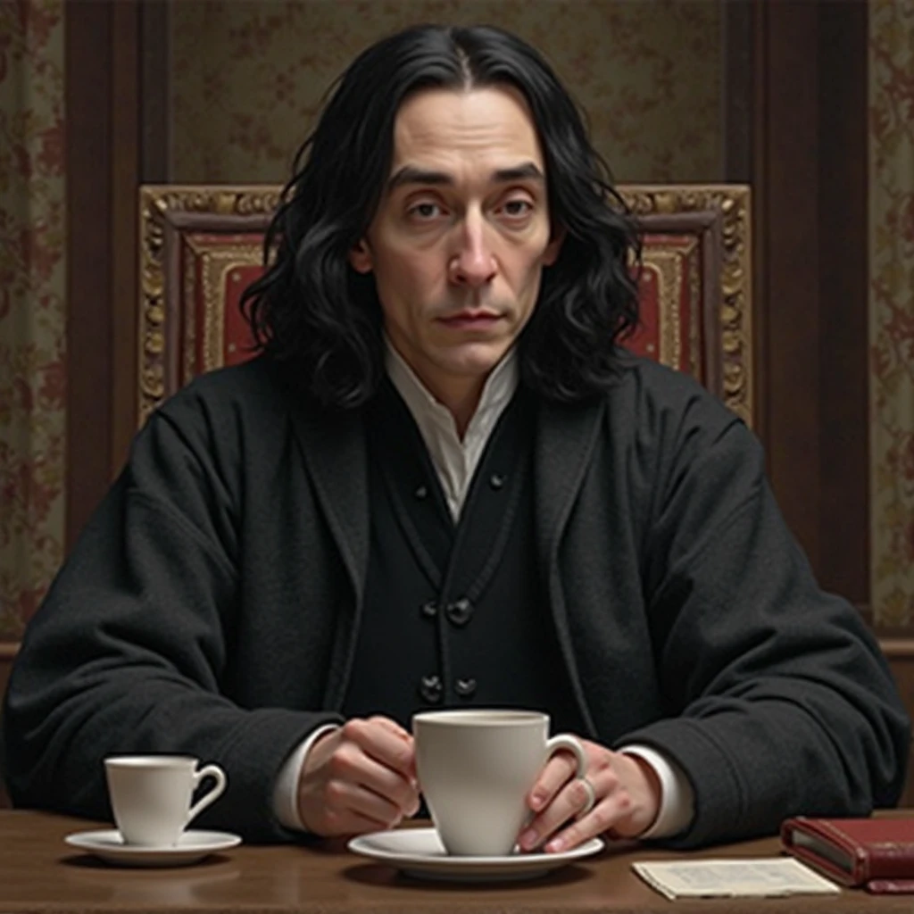 Make an image of Severus Snape sitting at his desk in his typical black ...