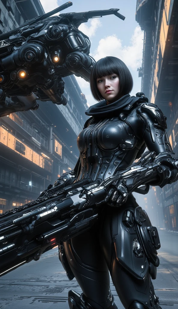 High definition, 3 peopleのチーム，female soldier with biomechanical sniper ...