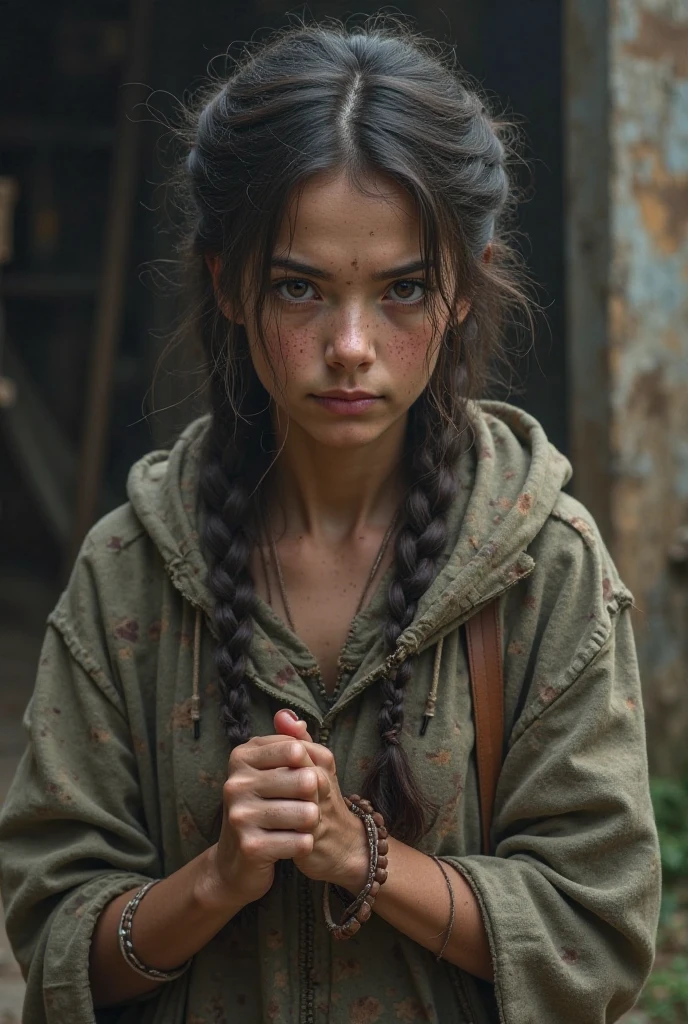 Young woman with a dull look, braided hair, Worked hands. She always ...