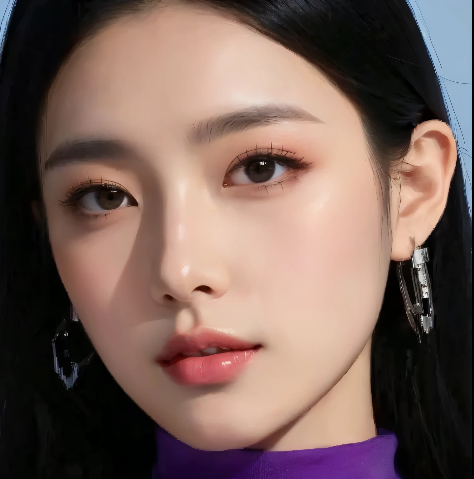 A close up of a woman with long black hair wearing a purple top - SeaArt AI