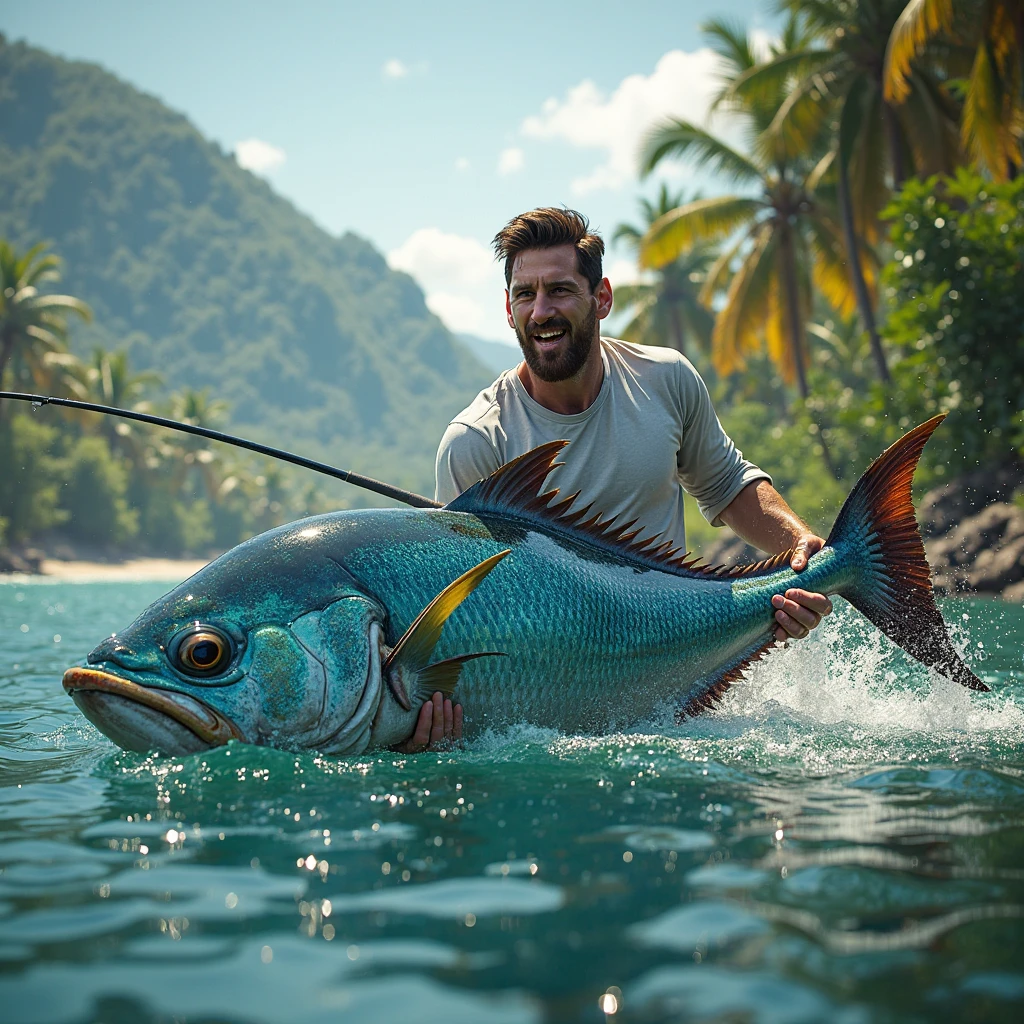 Messi catch big chiotal fish - SeaArt AI