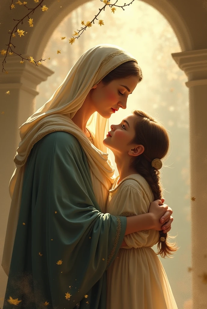 Virgin Mary embracing a girl - SeaArt AI