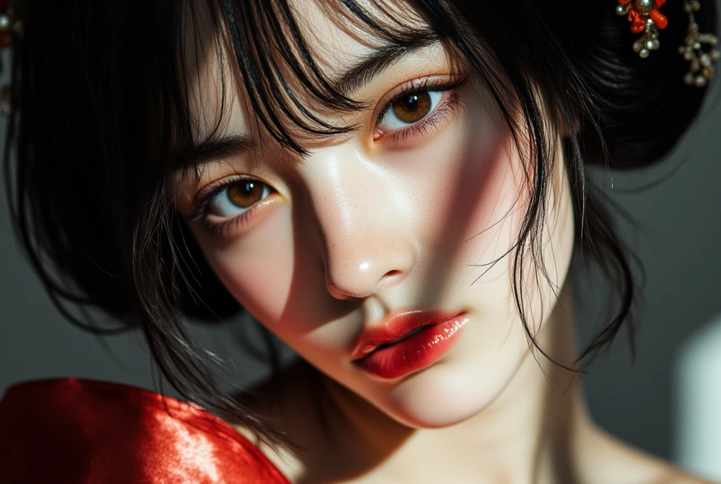 "Close-up of a modern geisha-inspired Japanese woman, red lips near a ...