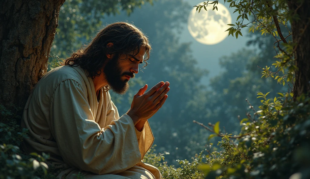 Jesus Praying in the Garden of Gethsemane, the face expresses suffering ...