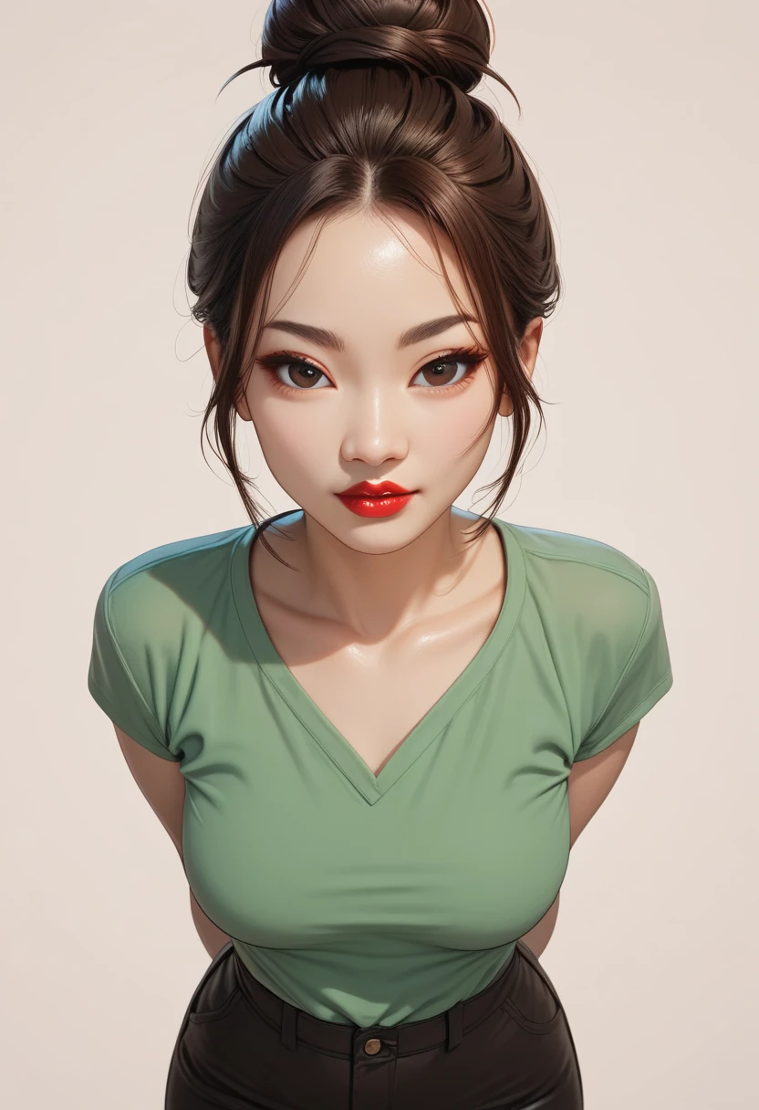 Simple background, perfect face, hair bun, brown hair, (forehead ...