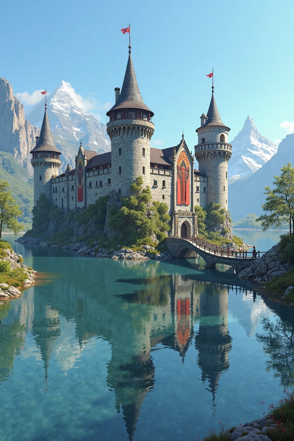 A serene and majestic medieval fantasy castle reflected perfectly in ...