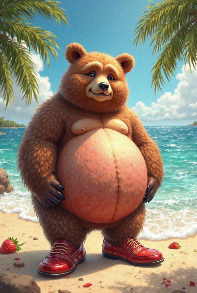 Create an image of a fat bear with a strawberry stomach wearing elegant ...