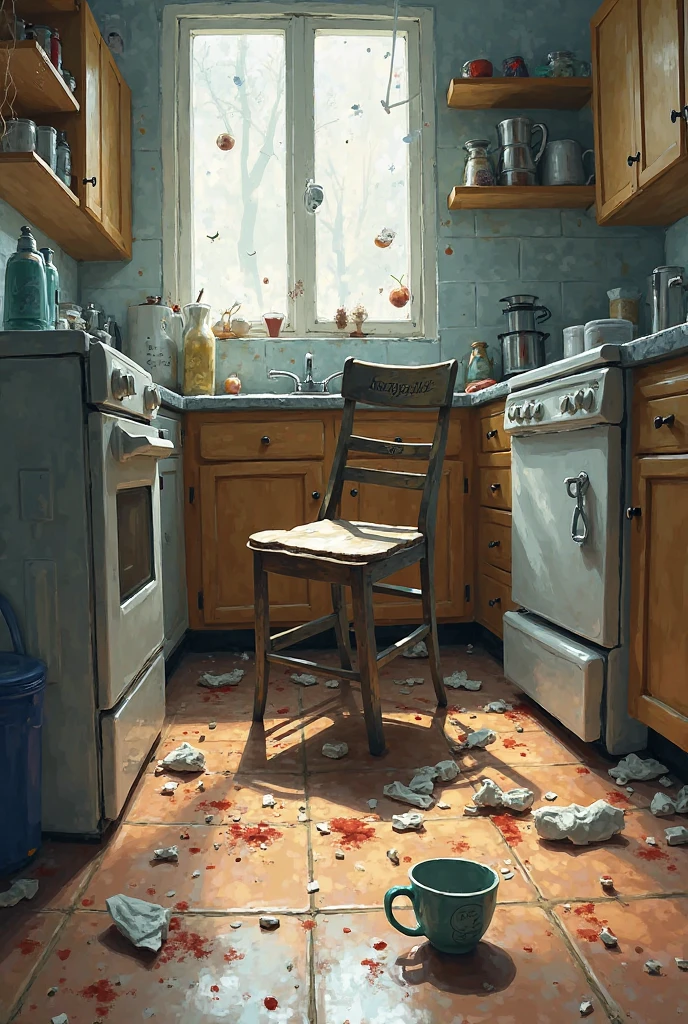Create kitchen, With an overturned chair and a broken cup on the floor ...