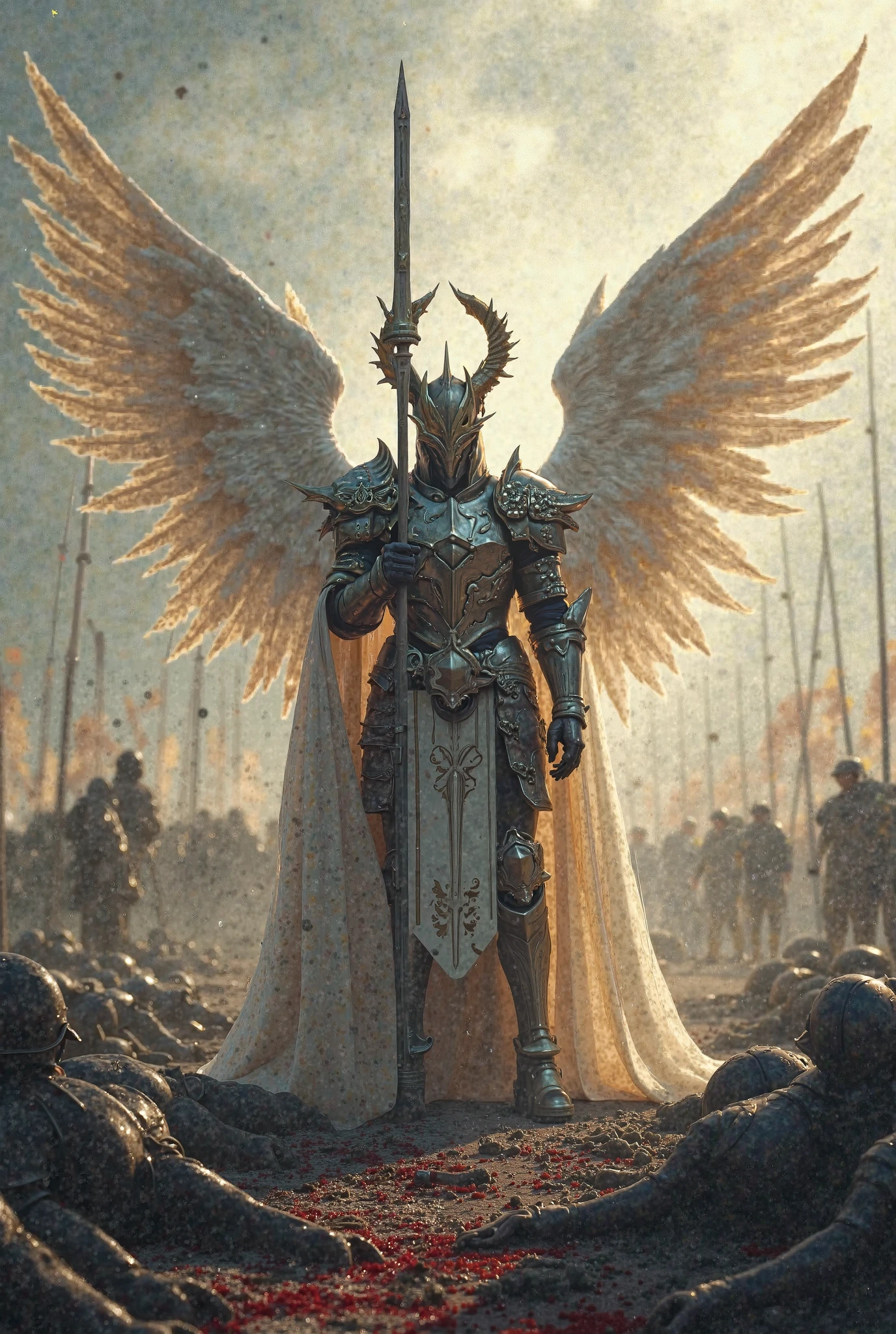 Can you generate an ai image of angelic knight wearing a helmet with ...