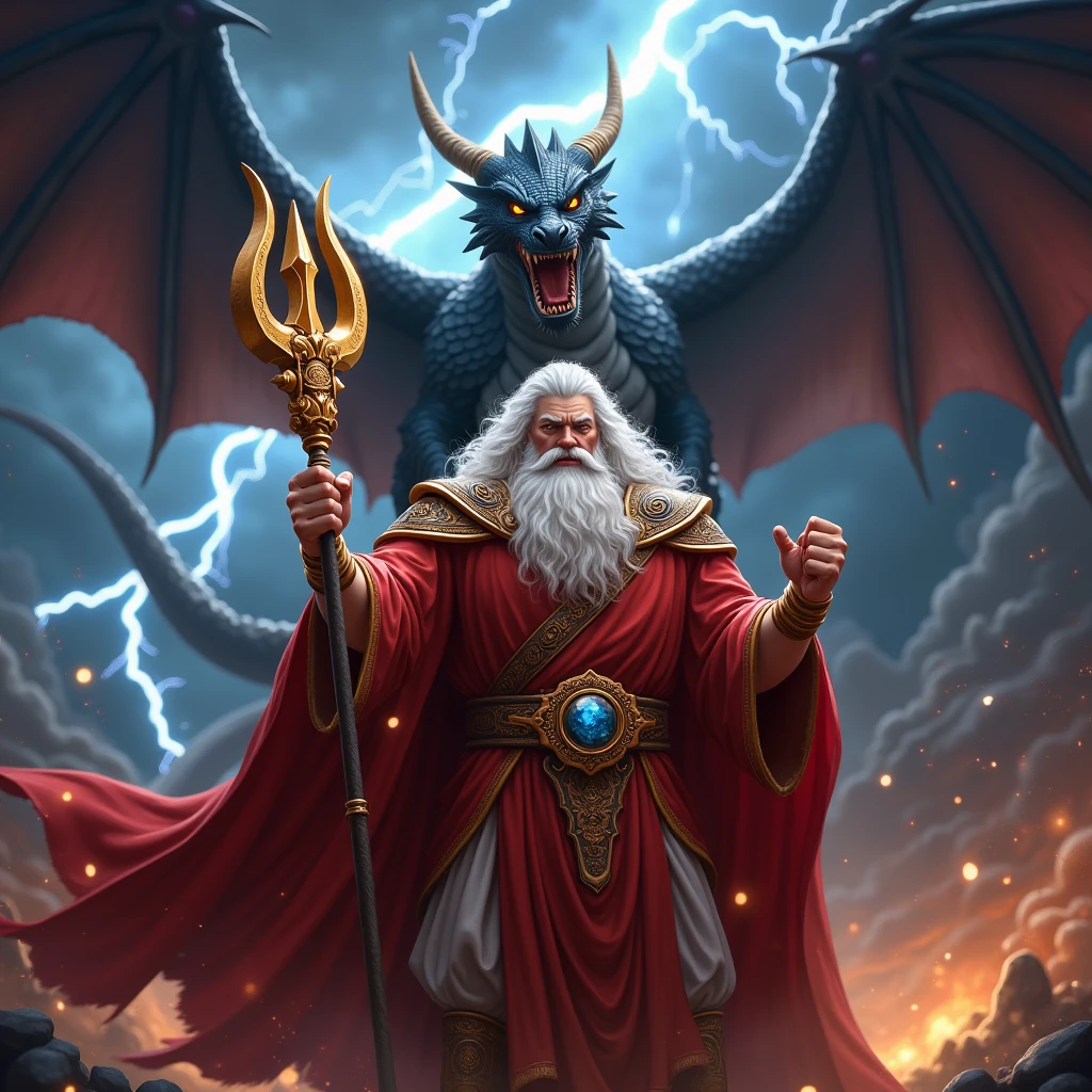 The arrogant Zeus character is angry in red robes emitting lightning ...