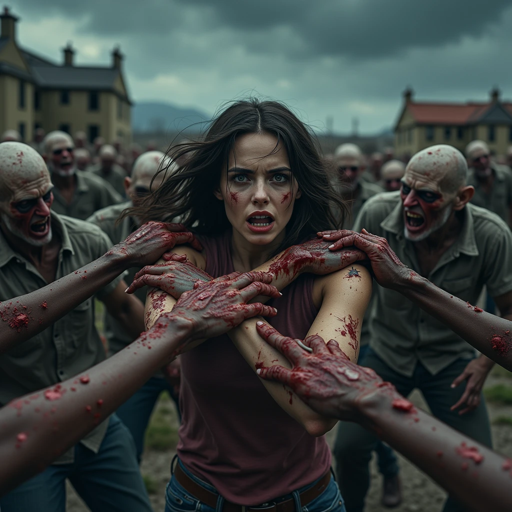 There's a beautiful hot sexy scared girl with big , scary zombies ...