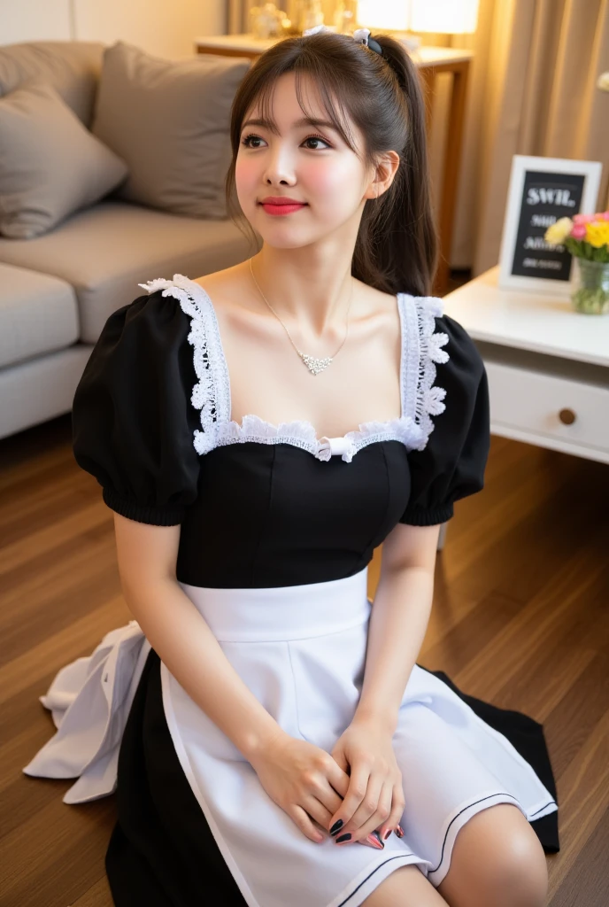 A young woman wearing a classic black-and-white maid outfit, sitting ...