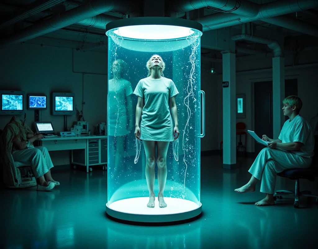 8k analog style, photorealistic, a 55yo skinny woman in patient ...