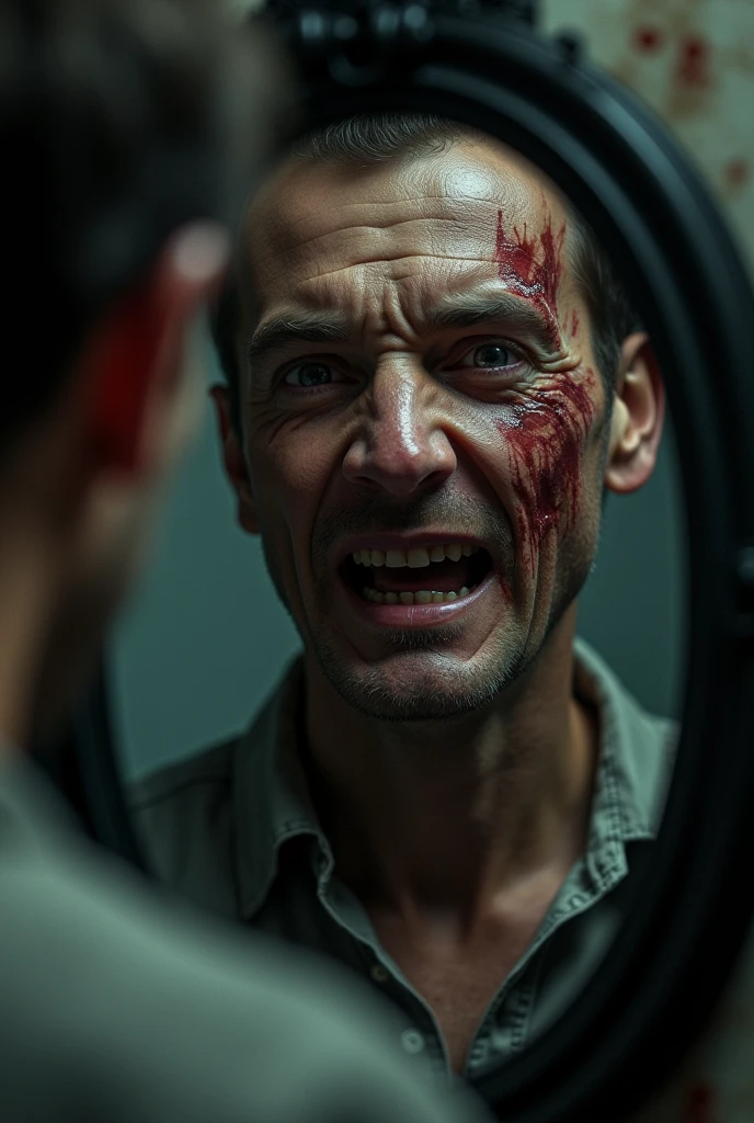 Close-up of a mirror reflecting a twisted version of the man - SeaArt AI