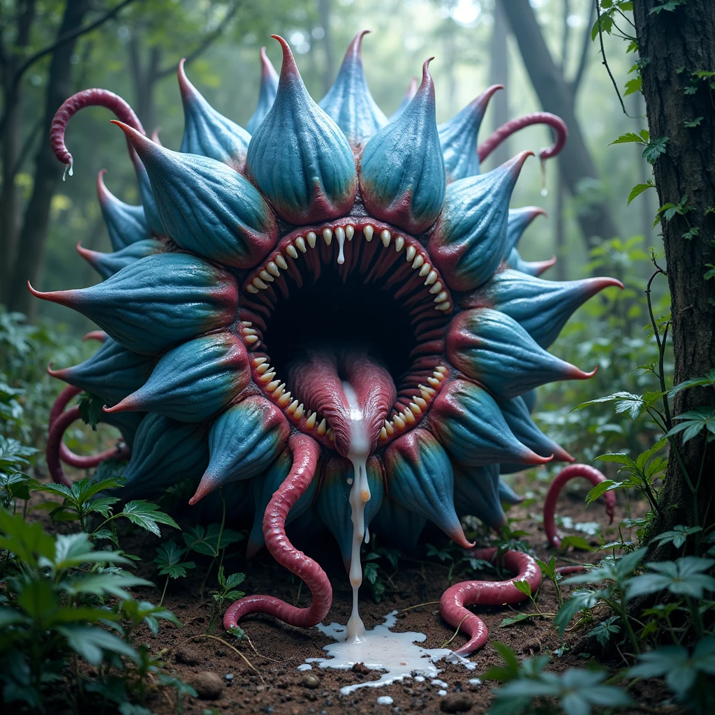 a giant blue carnivorous flower plant with big leaves emerges from the ...