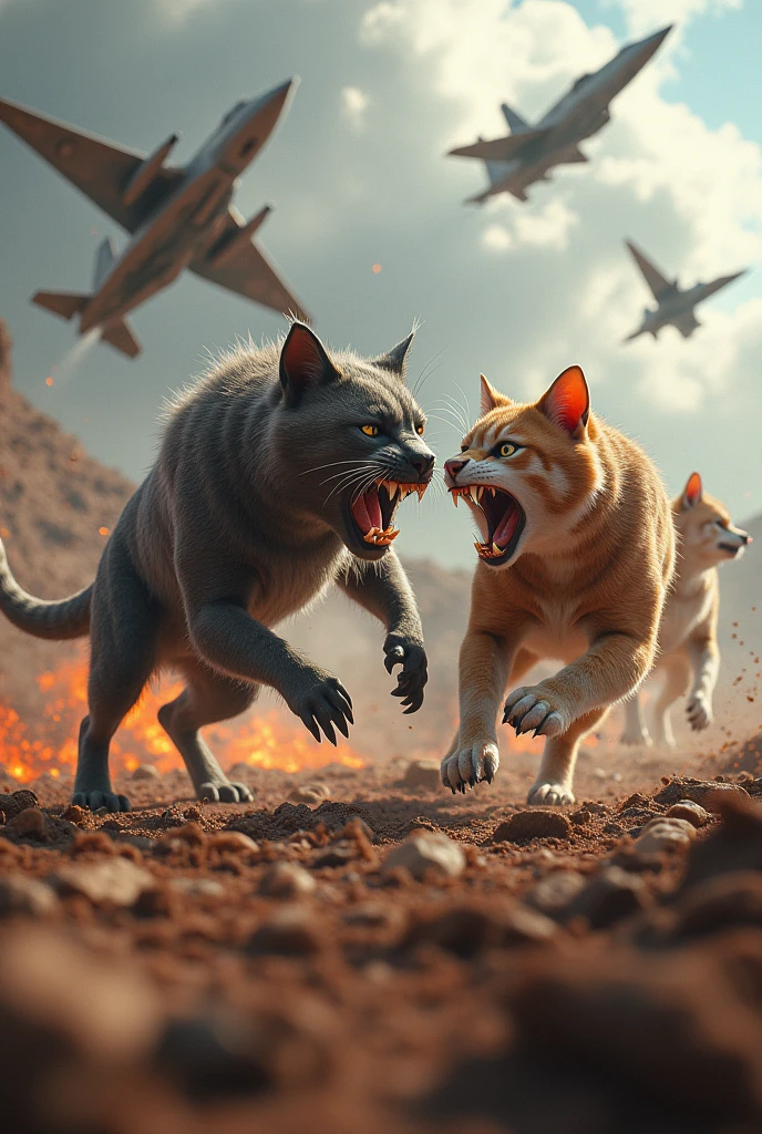 Warplanetvskatzennation,kampf,Detailed Scene,warlike cats and dogs ...