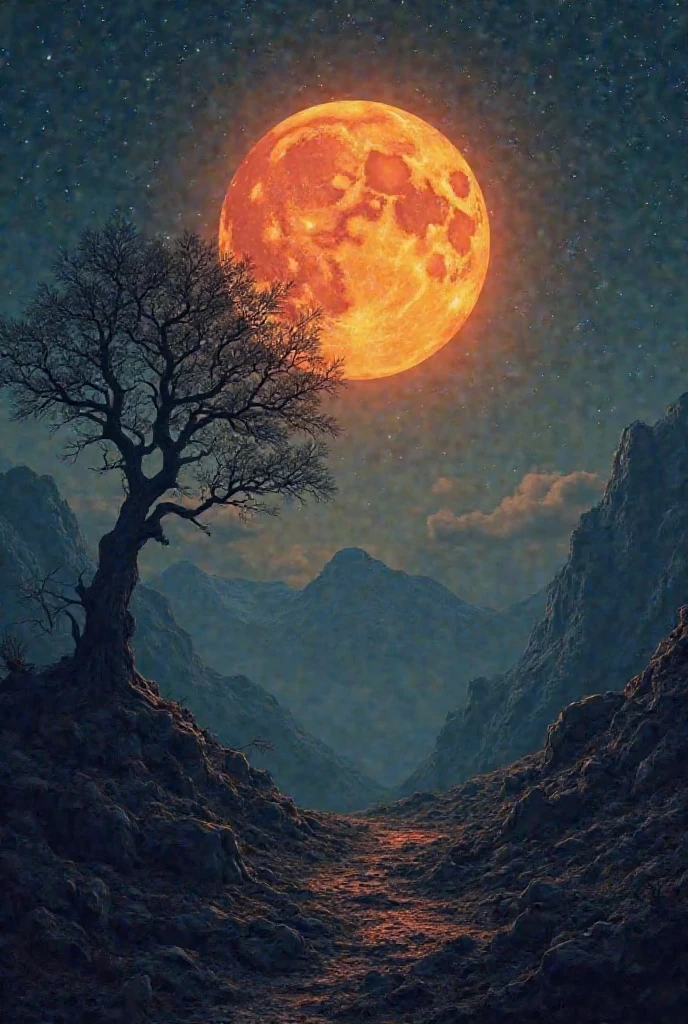 Orange moon in a dark night and a tree in a dark night with moon and ...