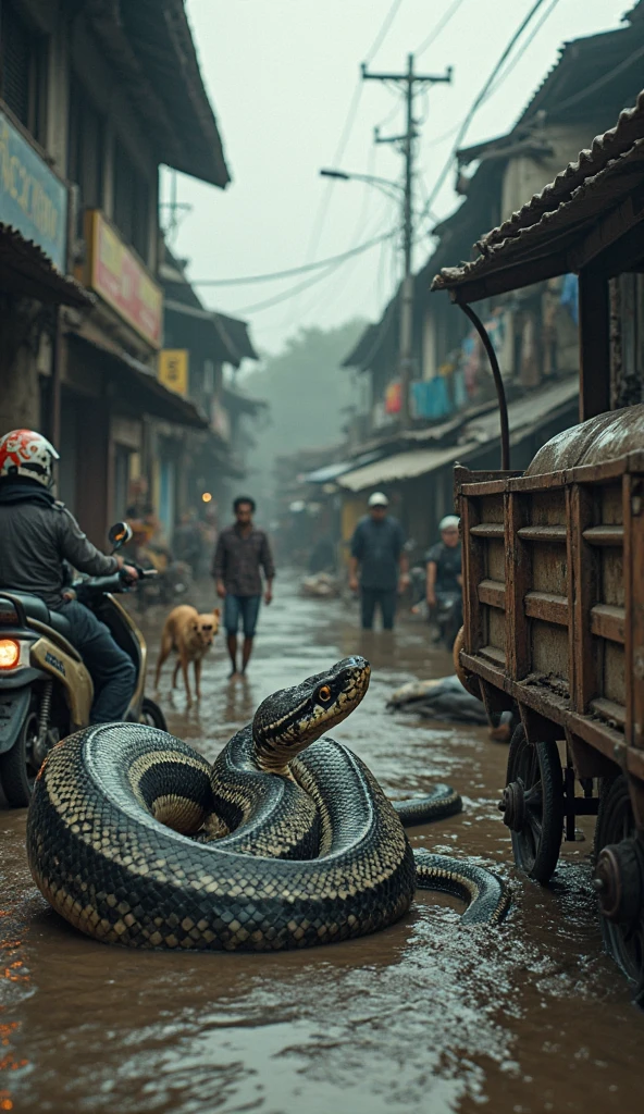 "A tense, ultra-detailed scene in a flooded slum alley under a heavy ...