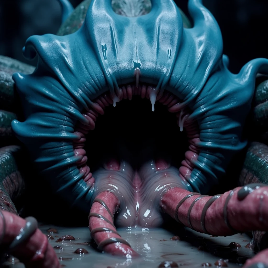 a giant blue carnivorous flower plant with big leaves, vore - SeaArt AI