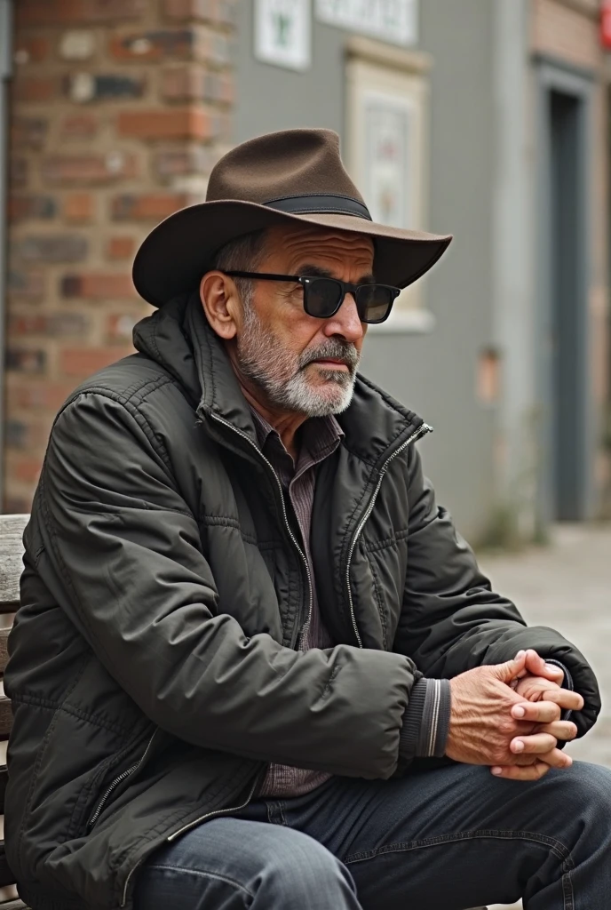 There is a man wearing a hat and sunglasses sitting on a bench - SeaArt AI