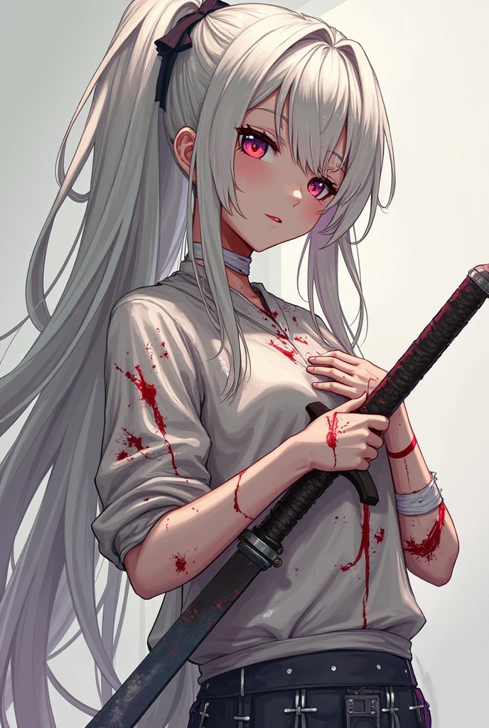 Tall anime girl with long white hairmixed with blood, right hand holds ...