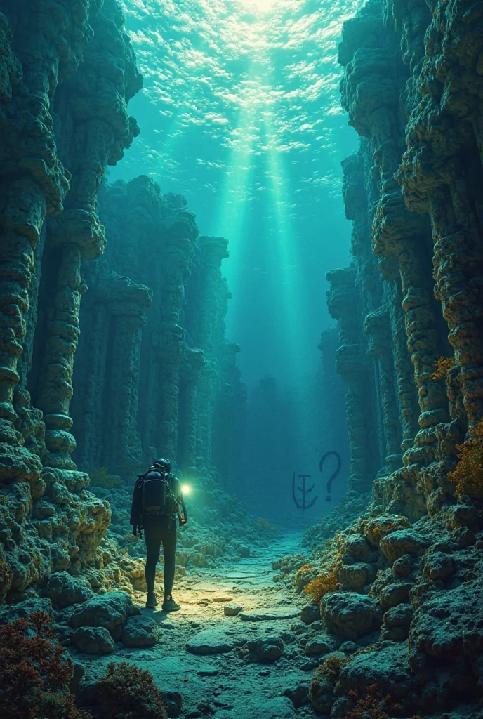 An ancient sunken city glowing underwater with majestic ruins - SeaArt AI