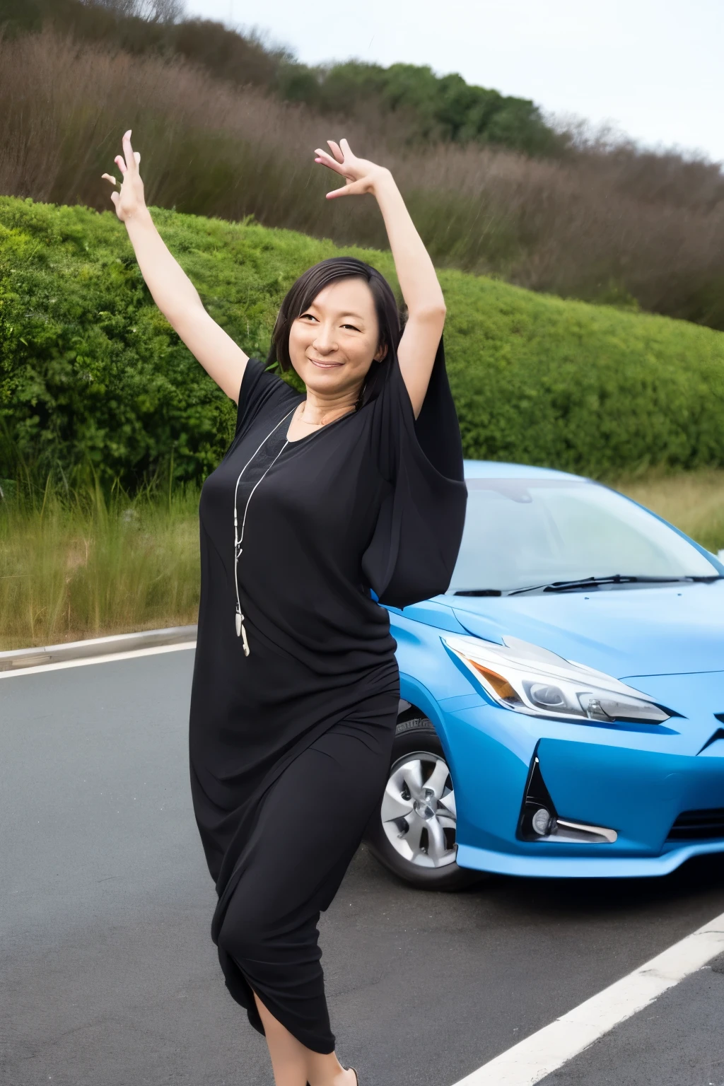 Car parts are scattered on the highway, and a black Prius is parked on ...