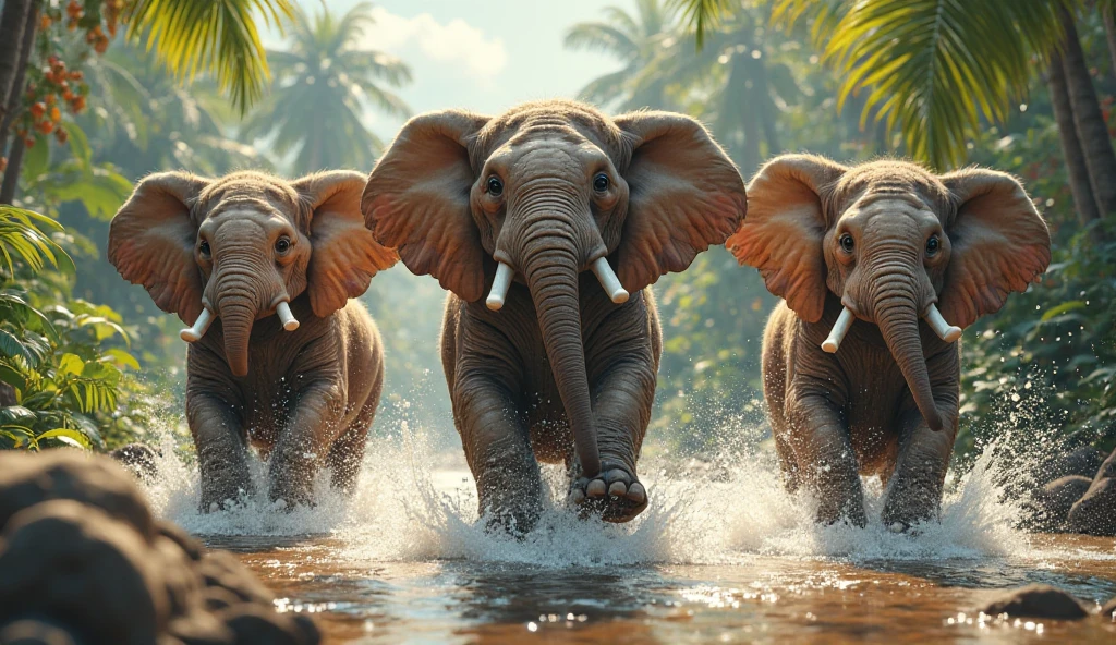 3 big elephants stomp, stomp, stomp" Prompt: Three playful elephants ...