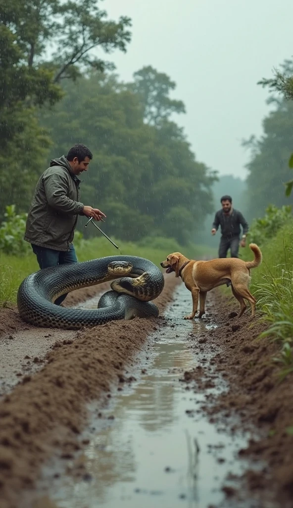 "A tense, hyper-realistic moment on a muddy rural path after rain ...