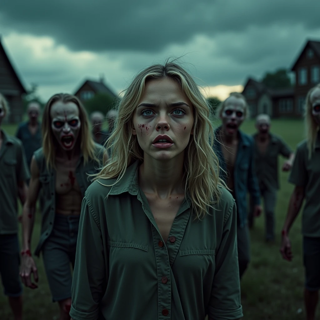 Scared Cara Delevingne, scary zombies behind her, kissing her - SeaArt AI