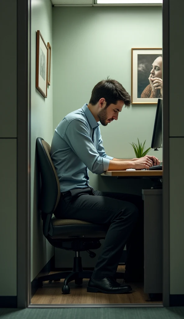 A simple office worker sitting at a desk in a small cubicle, looking ...