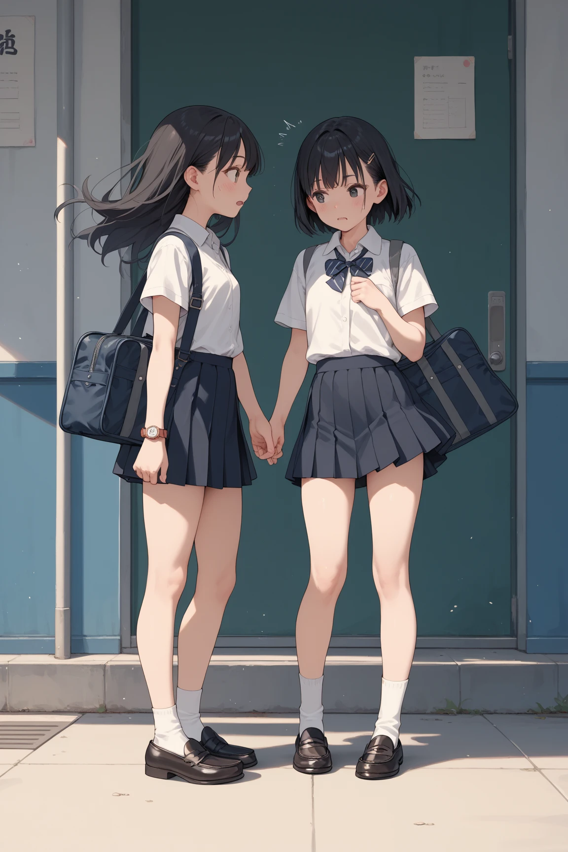 Two young girls, black hair, short sleeve, mini skirt, wind blows skirt ...