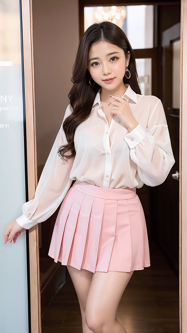 Full body， Seen legs，long legs， wear glasses，Tight Skirt。She wears a ...